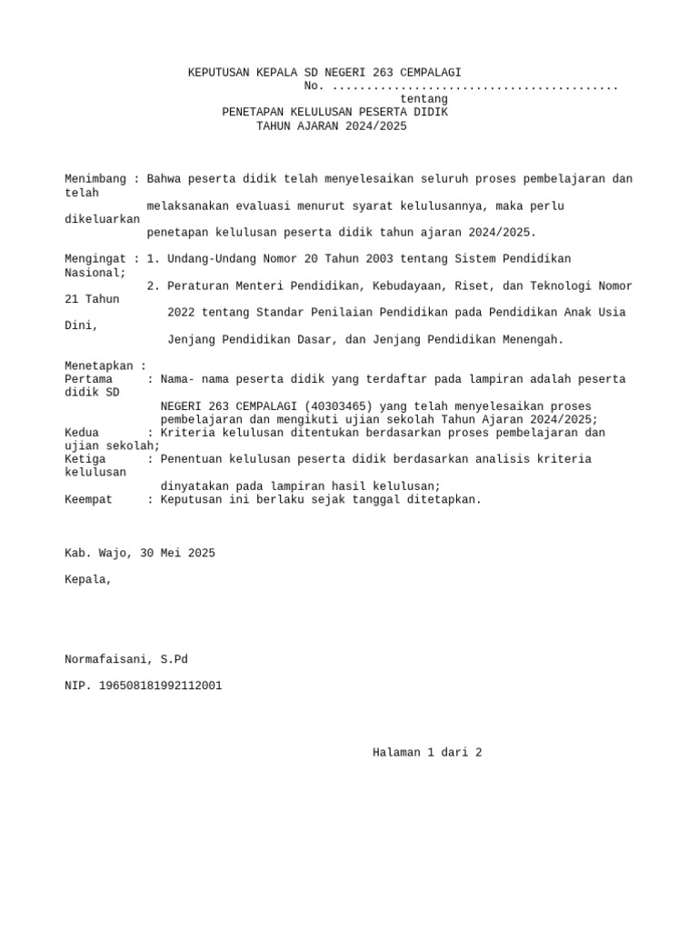 SK Penetapan Kelulusan Kelas VI 2025 | PDF