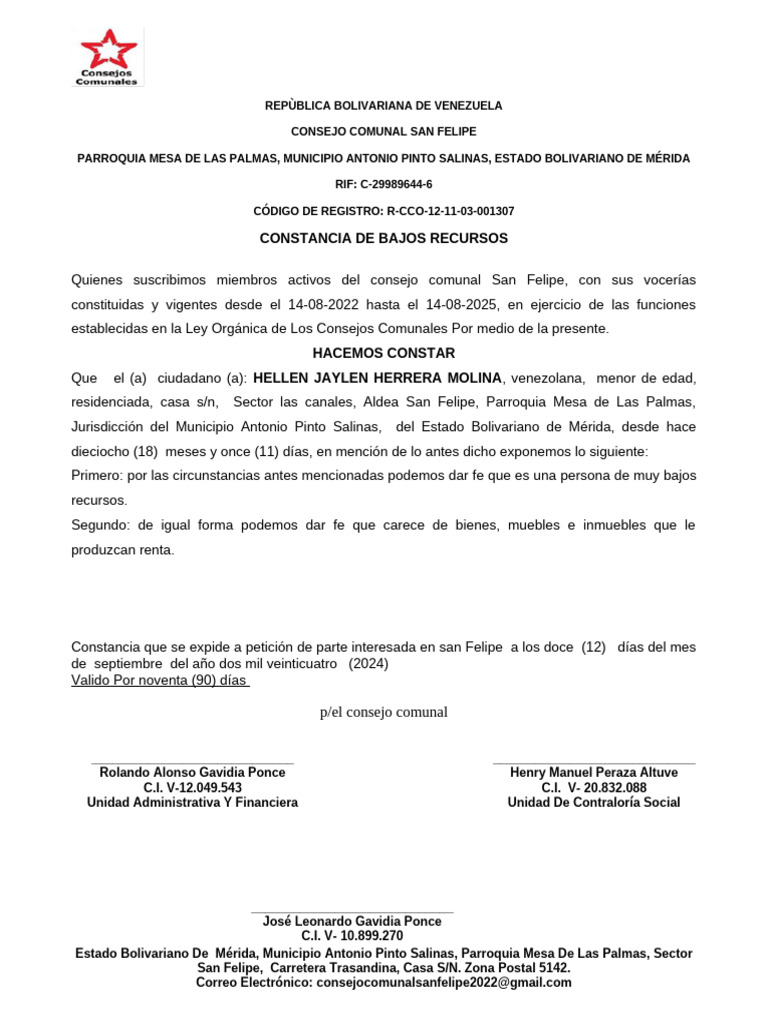 Constancia de Bajos Recursos | PDF | Venezuela