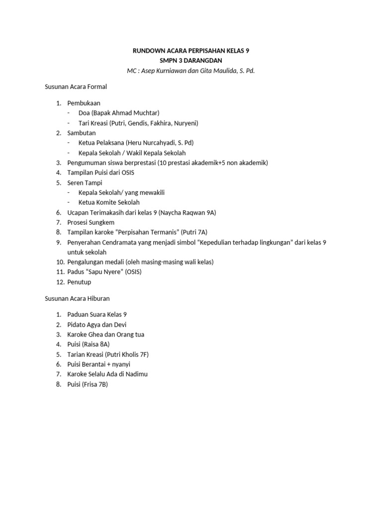 Rundown Perpisahan Kelas 9 SMPN 3 | PDF