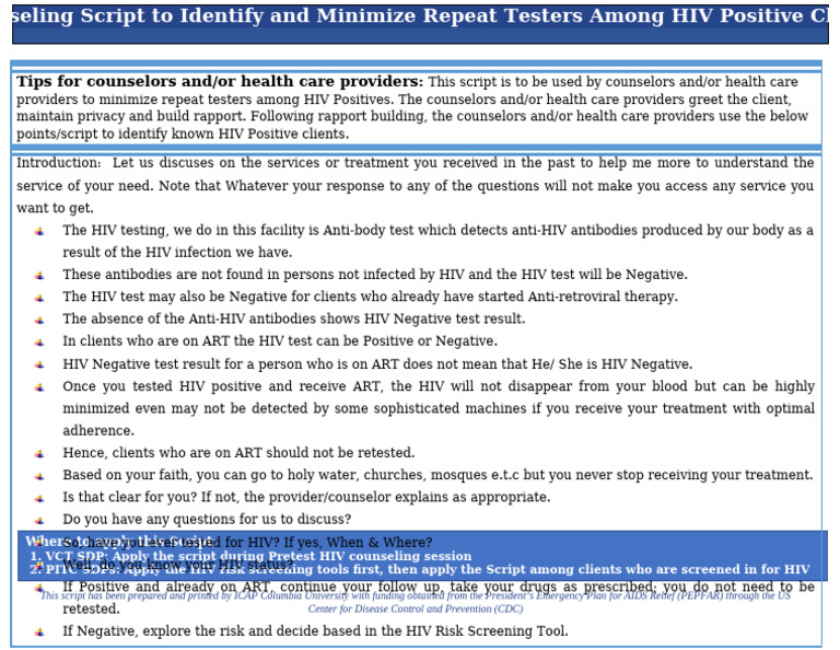 Counseling Script To Identify and Minimize Repeat Testers Among | PDF ...