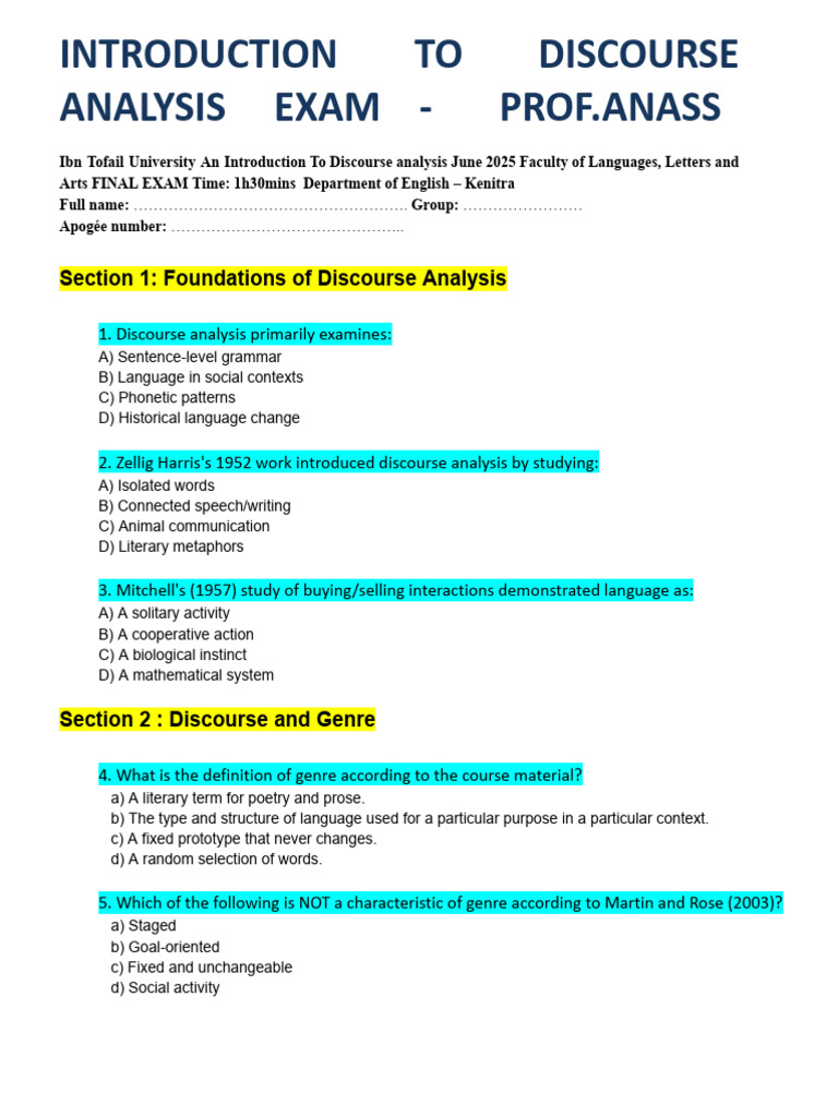 Discourse Analysis Exam - Prof - Anass | PDF | Discourse | Semantics