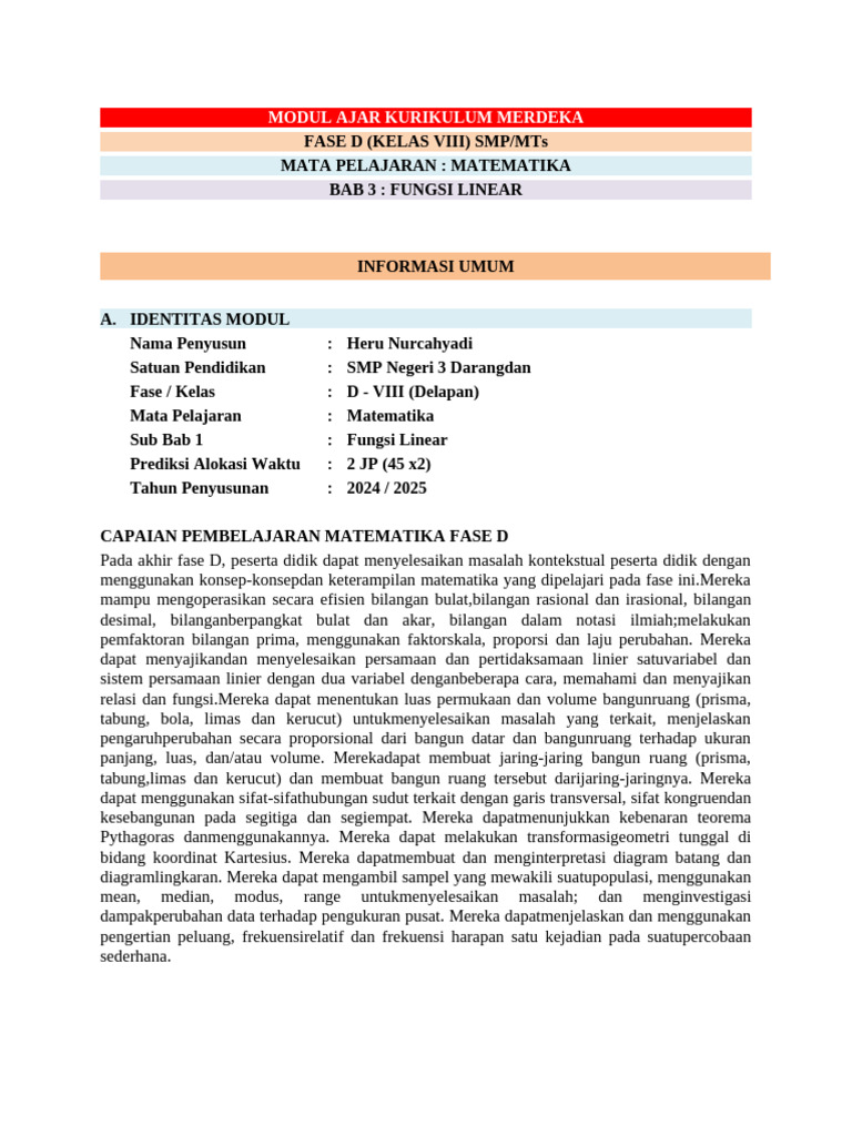 Modul Ajar Fungsi Linear - Heru | PDF