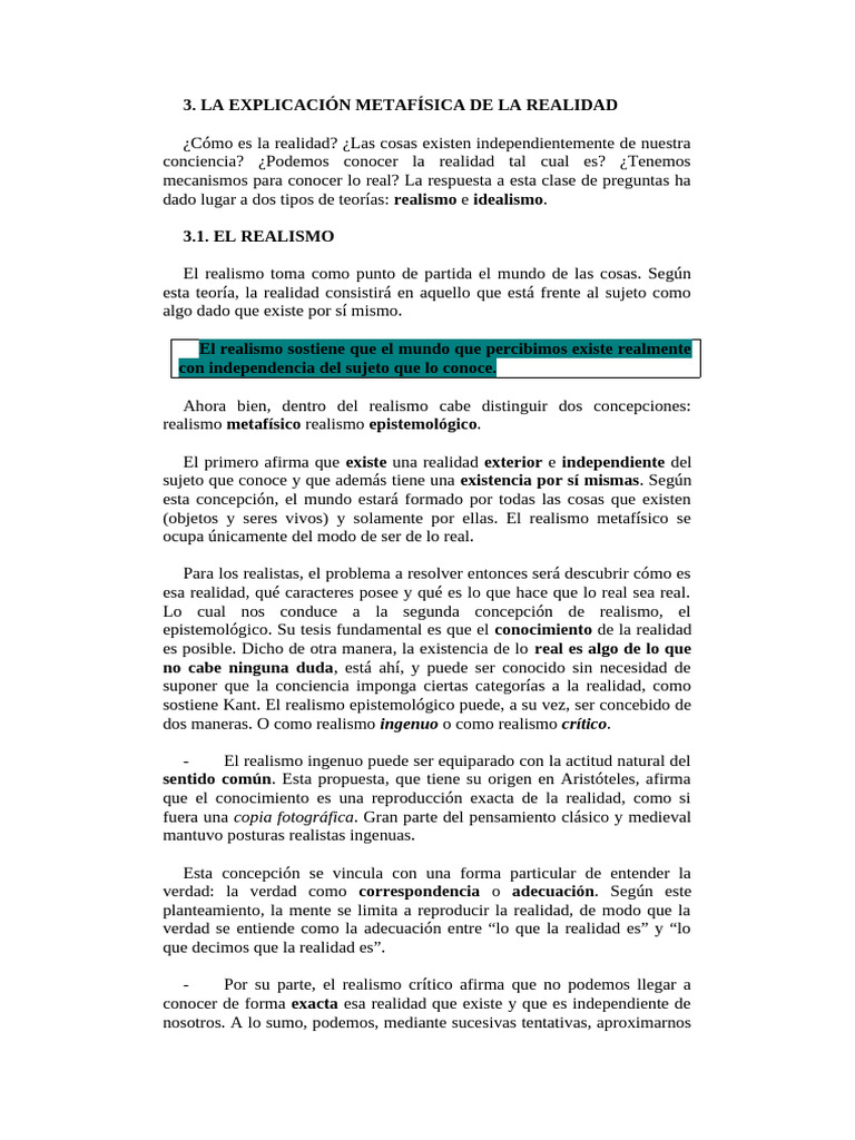 3. La Explicación Metafísica de La Realidad | PDF | Realismo filosófico | Realidad