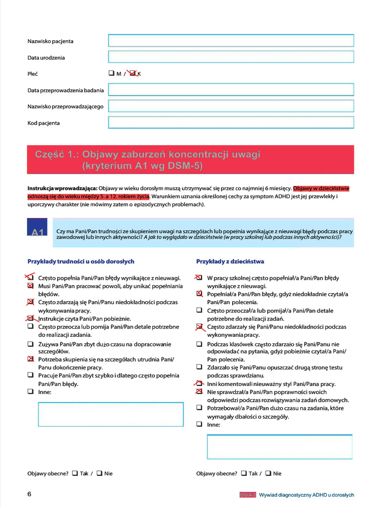 Kwestionariusz ADHD Dla Pacjenta | PDF