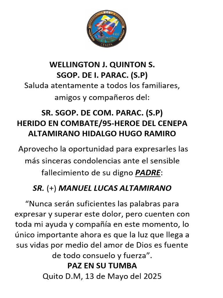 Esquela de Condolencias 2025 Sgop. Altamirano - Fallecimiento - Padre | PDF