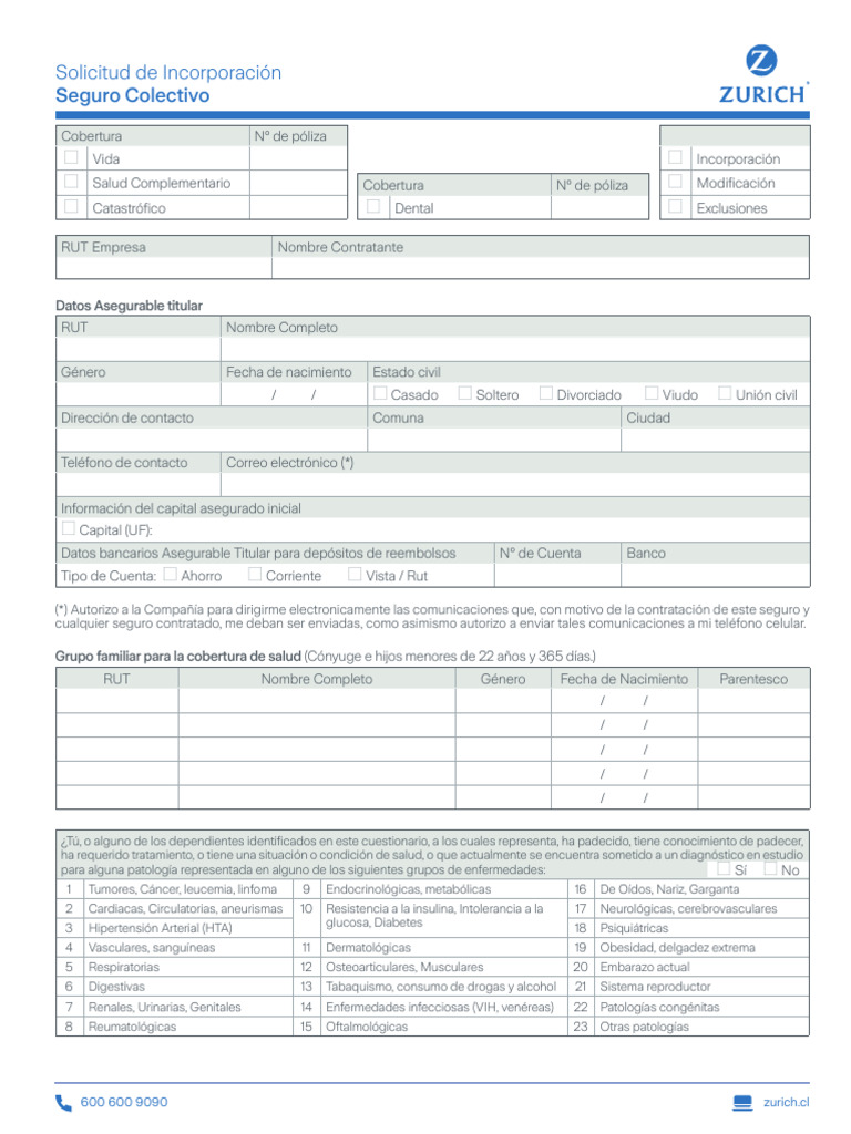 Solicitud Seguro Colectivo Zurich | PDF | Póliza de seguros | Seguro