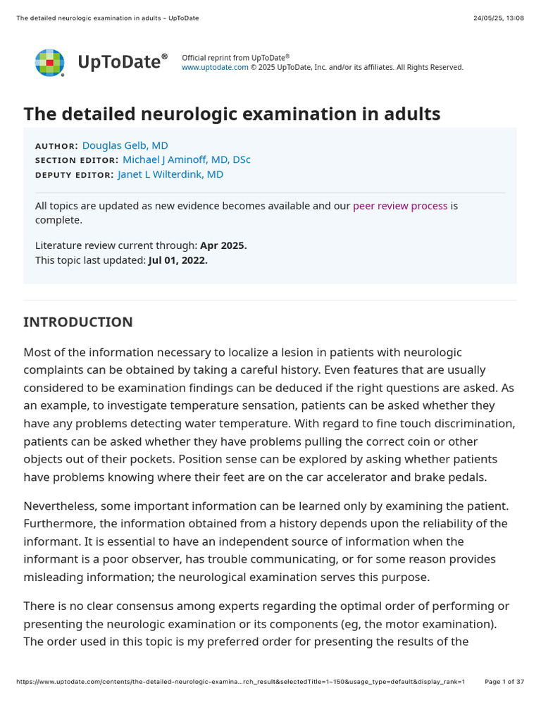 The Detailed Neurologic Examination in Adults - UpToDate | PDF ...