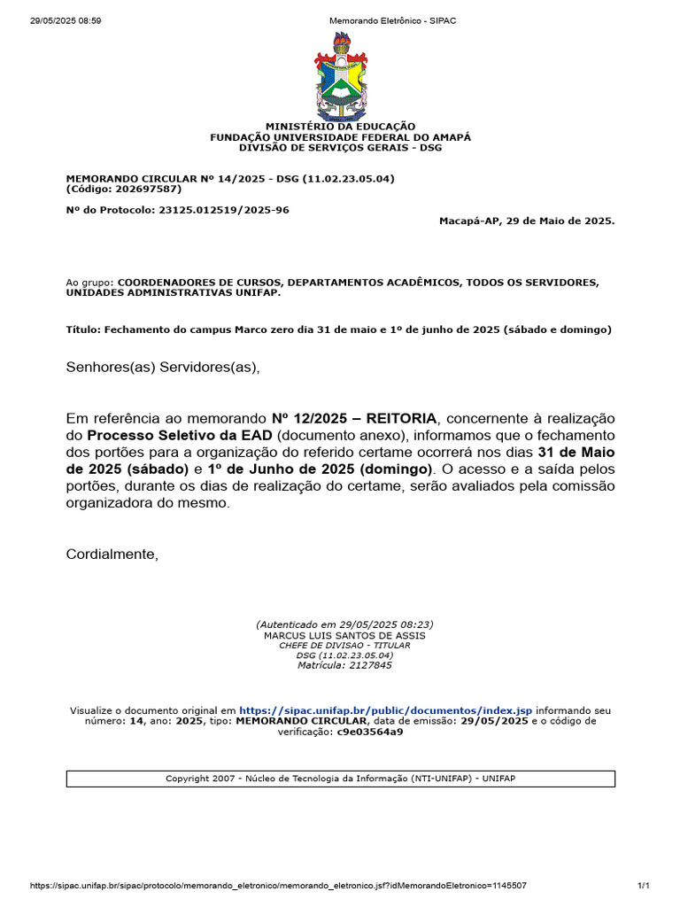 Memorando Circular Nº 14.2025 - Dsg | PDF