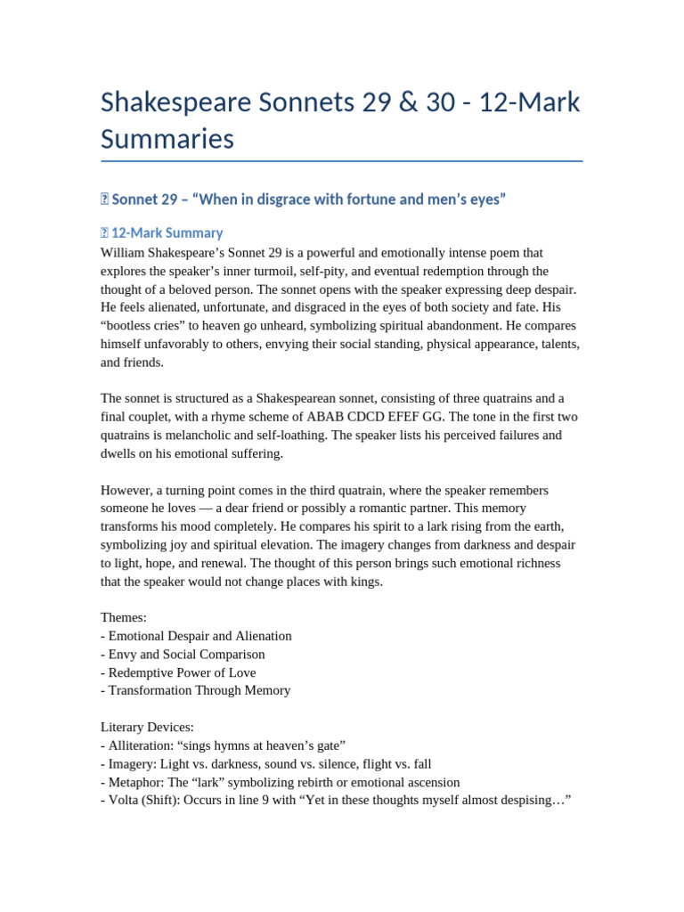 Shakespeare Sonnets 29 and 30 Summary | PDF | Literary Criticism | Sonnets