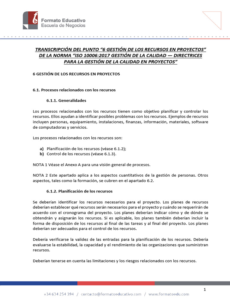 Llave 13. Punto 6. - Gestión de Los Recursos en Proyectos" de La Norma Iso 10006-2017 | PDF ...