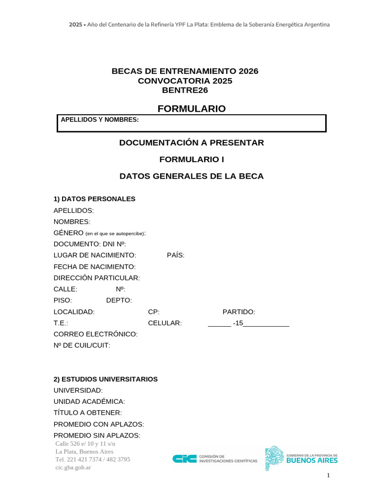 Formulario Becas Entrenamiento 2026 | PDF | Buenos Aires