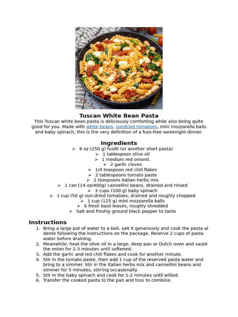 Tuscan White Bean Pasta GH Training | PDF