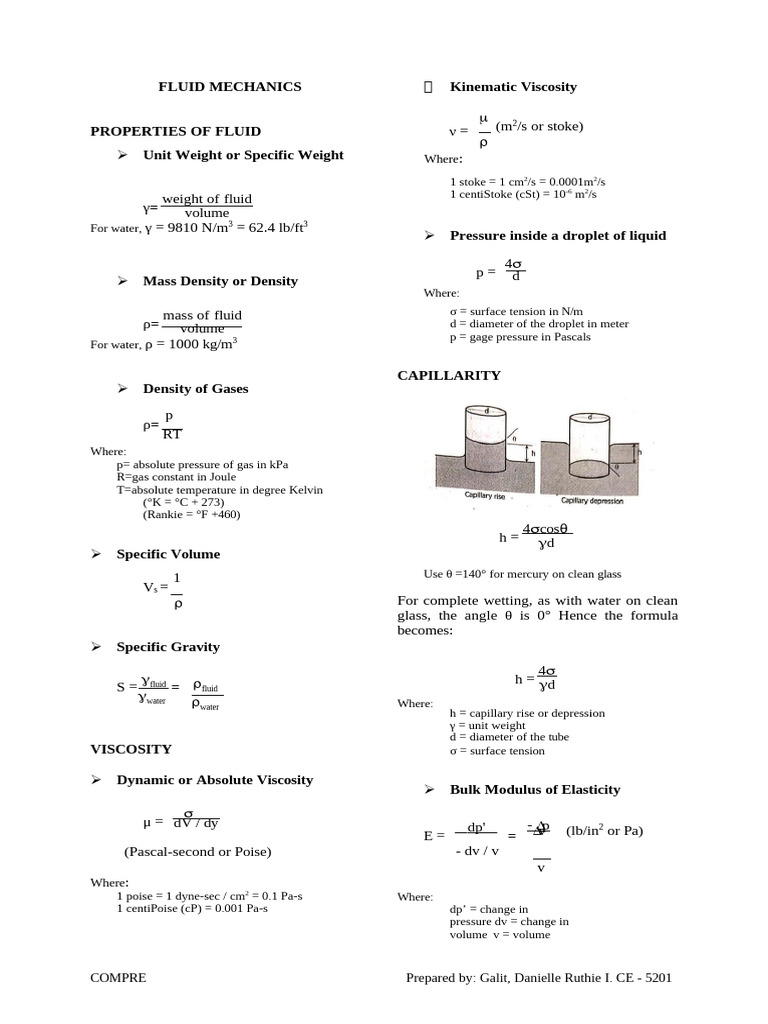 Fluid Mechanics and Hydraulics Formula PDF Free | PDF | Fluid Dynamics | Viscosity