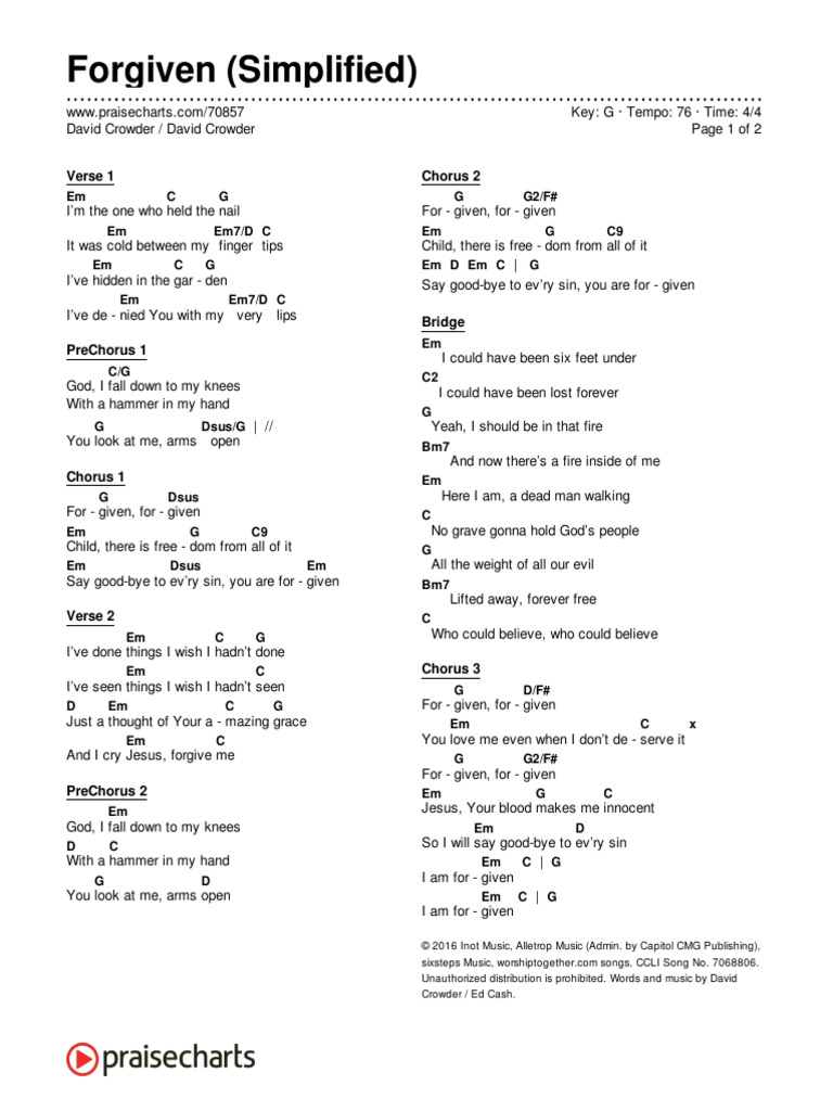 Forgiven (Simplified) (David Crowder) Chord Chart - G - 2 Column Layout ...