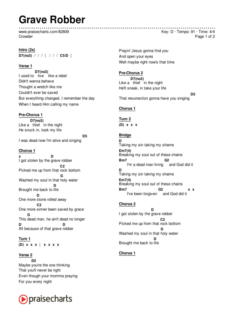 Grave Robber (Crowder) Chord Chart - D - 2 Column Layout | PDF | Song Structure | Religious ...