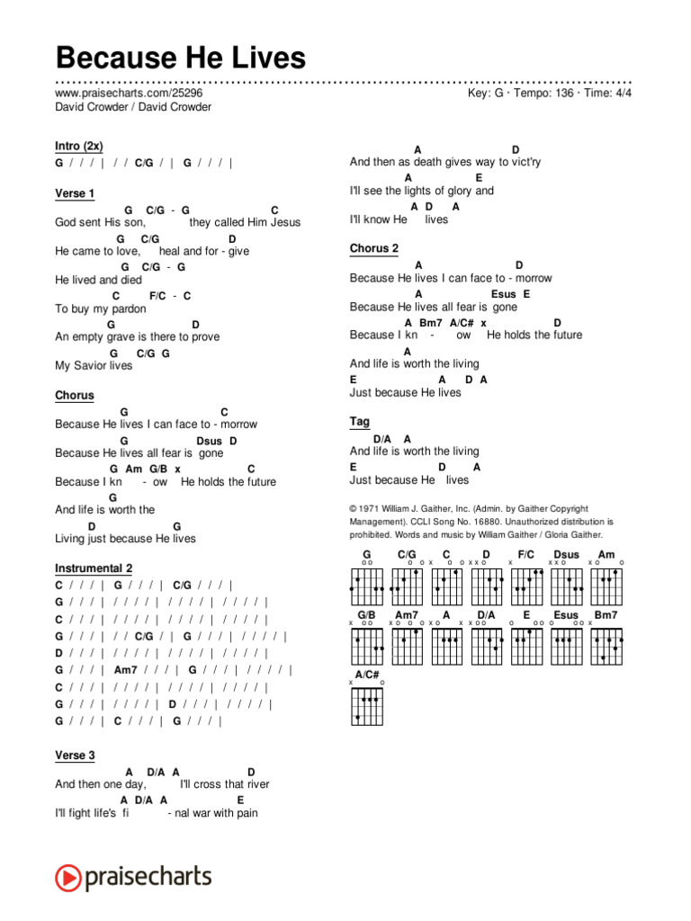 Because He Lives (David Crowder) Chord Chart - G - 2 Column Layout ...