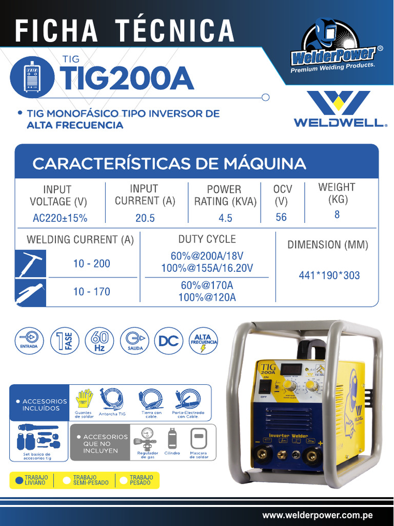 Ficha Tecnica Maquina Tig 200a Weldwell | PDF