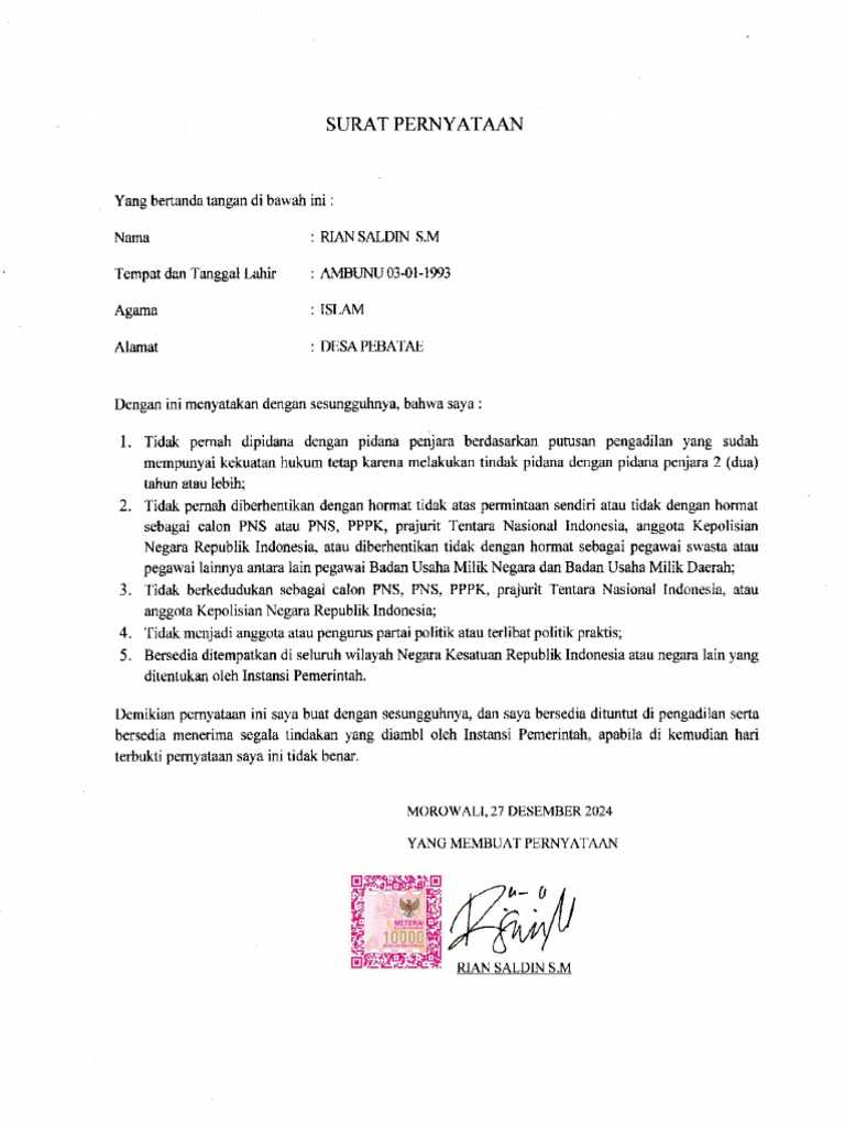 SURAT PERNYATAAN RIAN | PDF