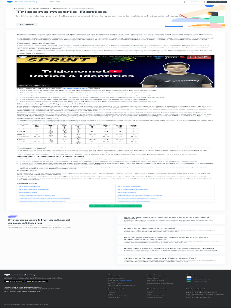 Trigonometric Ratios and Standard Angles | PDF | Trigonometric ...