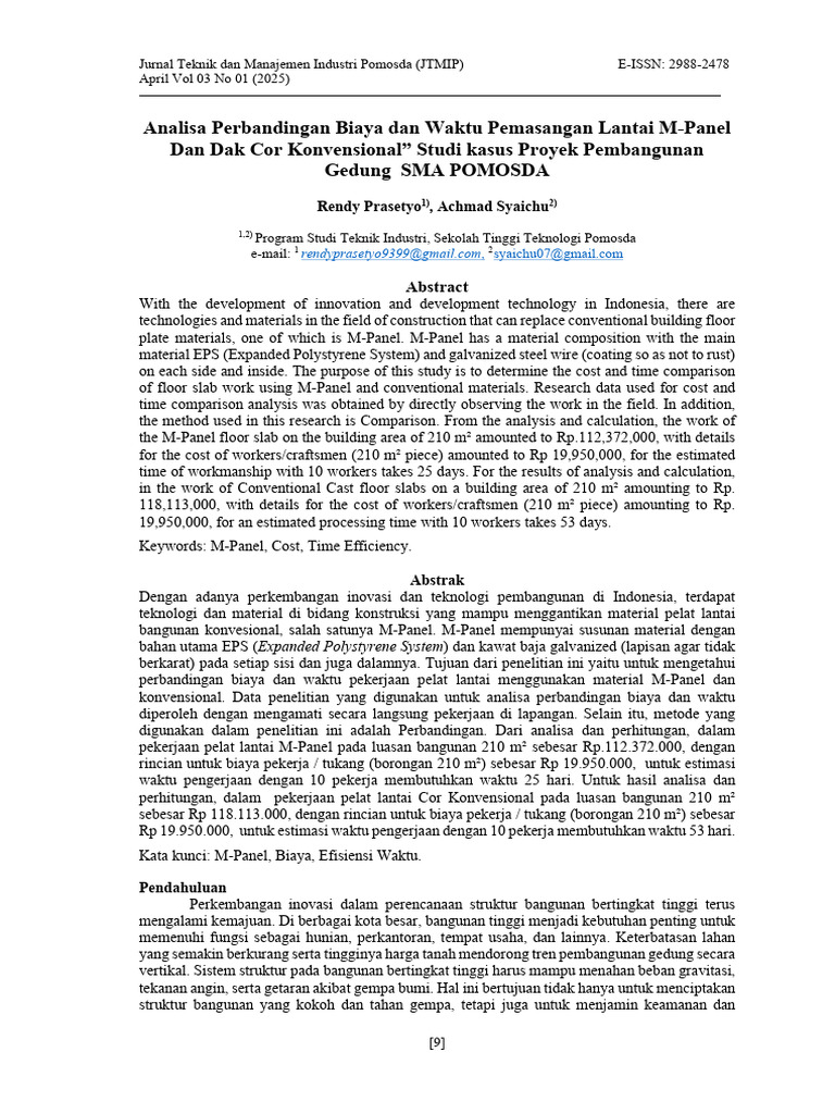 Analisa Perbandingan Biaya Dan Waktu Pemasangan Lantai M-Panel Dan Dak ...