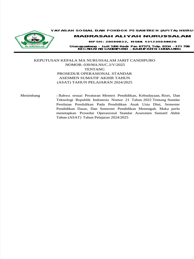 Prosedur ASAT MA Nurussalam 2024/2025 | PDF