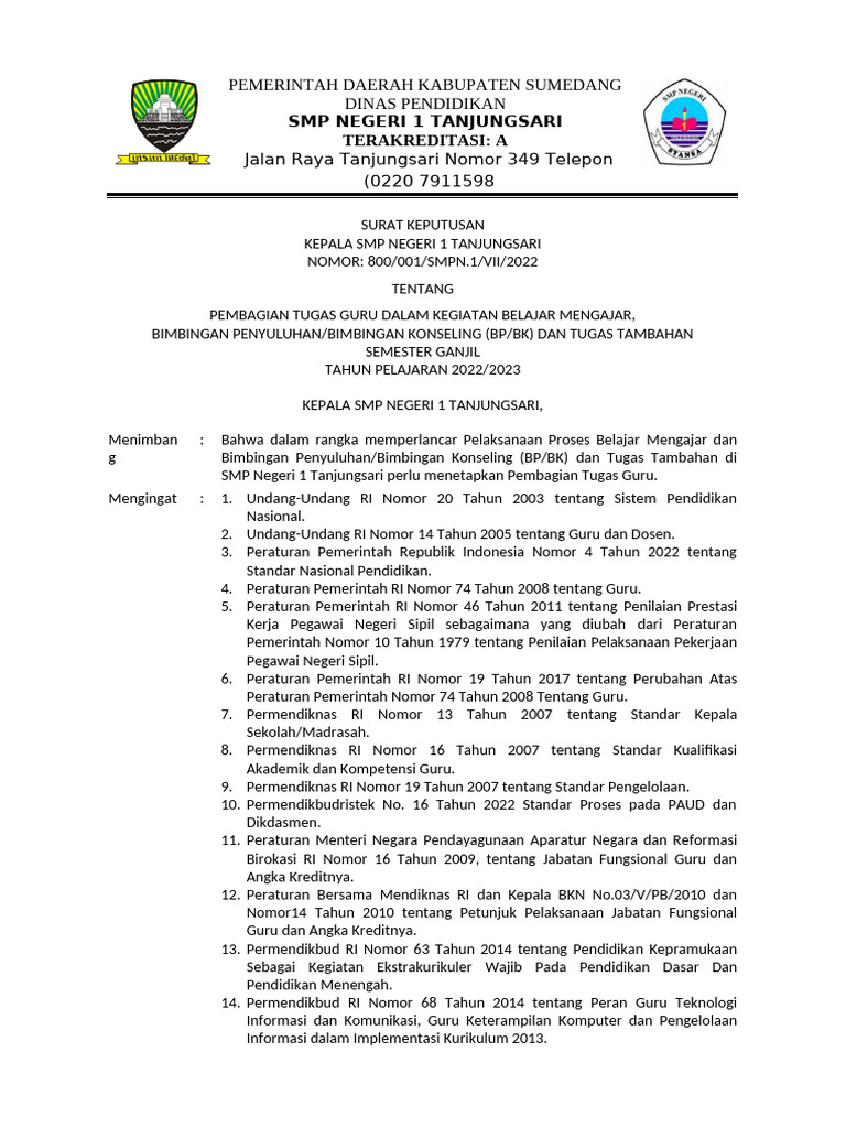 SK Pembagian Tugas Guru Ganjil - 2022-2023 | PDF