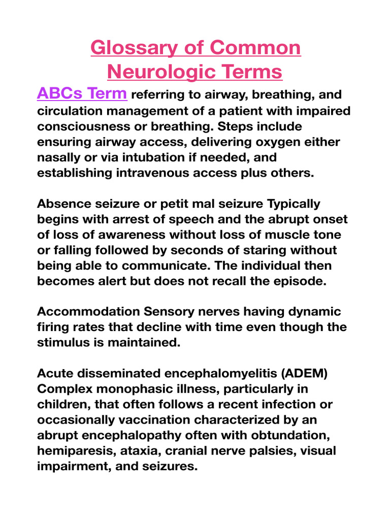 Neurological Terminology Glossary | PDF | Myelin | Central Nervous System