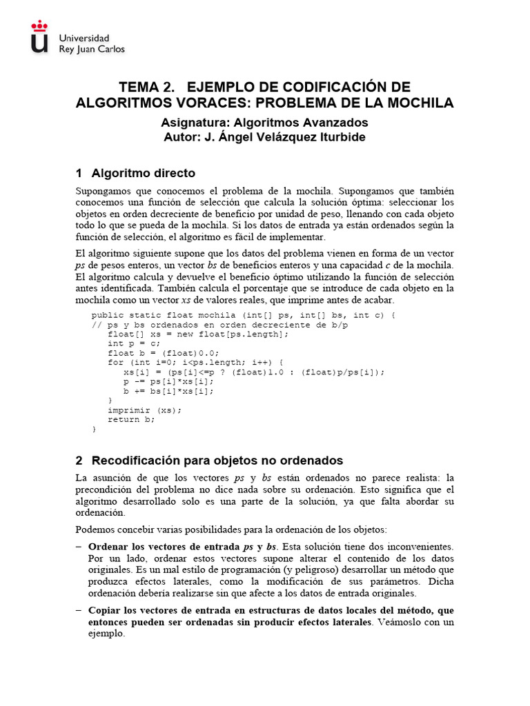 Ejemplo - Problema de La Mochila | PDF | Algoritmos | Algoritmos y Estructuras de Datos