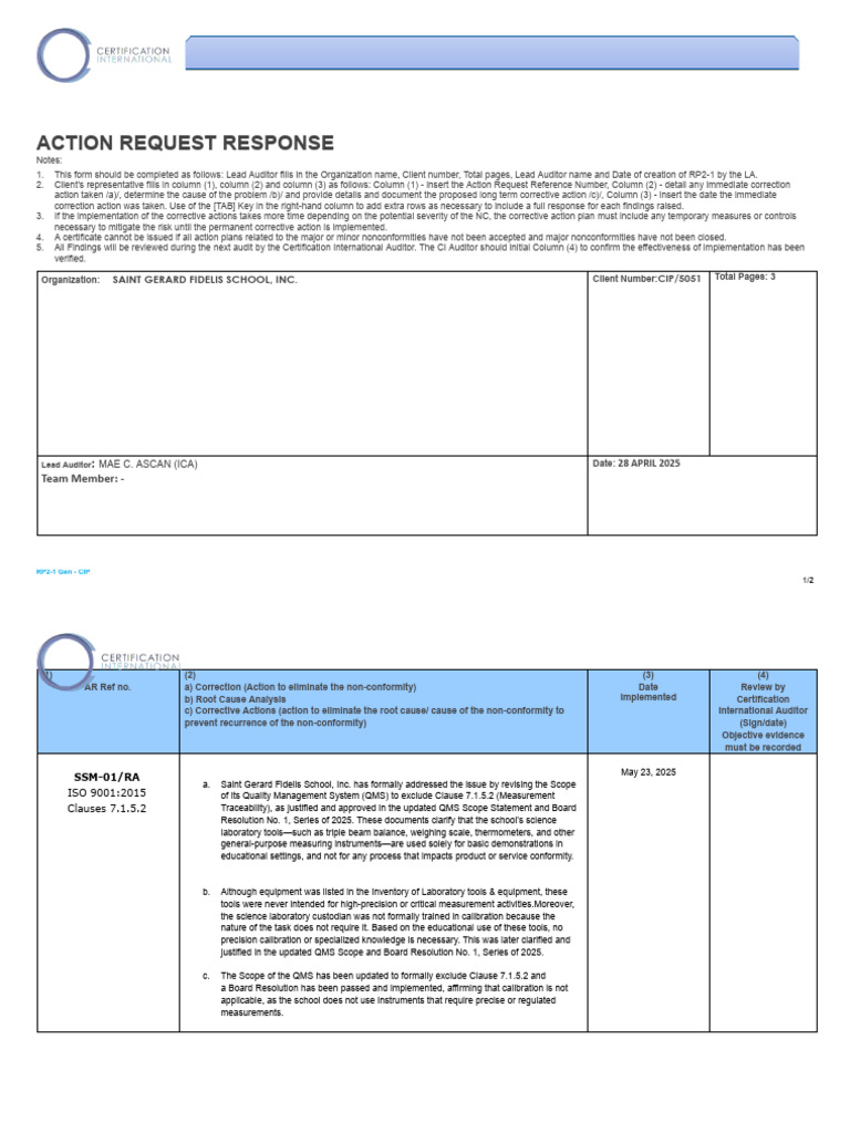 Action Request Response for QMS Audit | PDF | Calibration | Quality ...