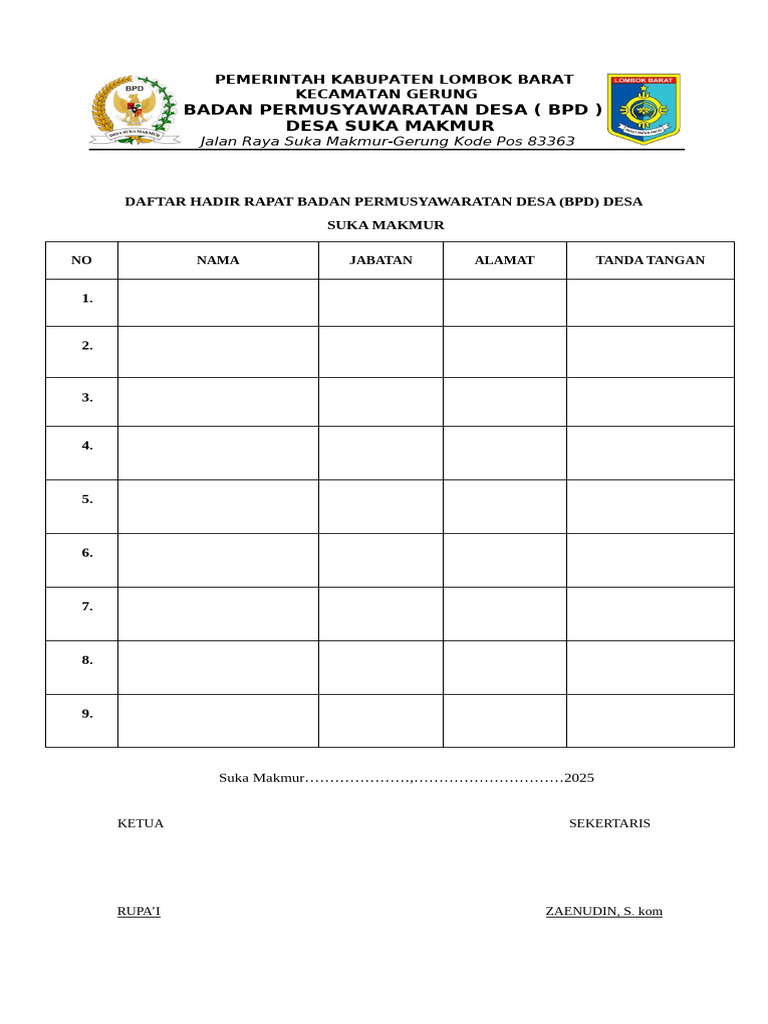 Daftar Hadir Bpd (1) | PDF