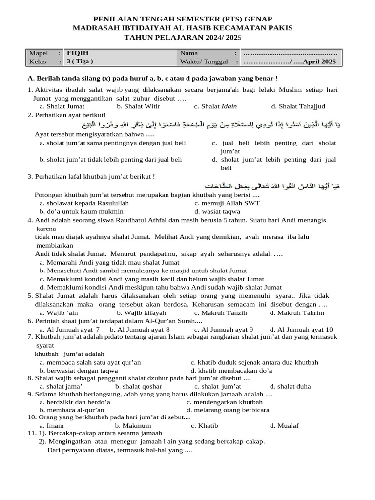 Soal Pts Fiqih Dan Ski Genap | PDF