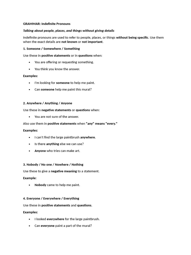 Indefinite Pronoun Definition and Examples | PDF