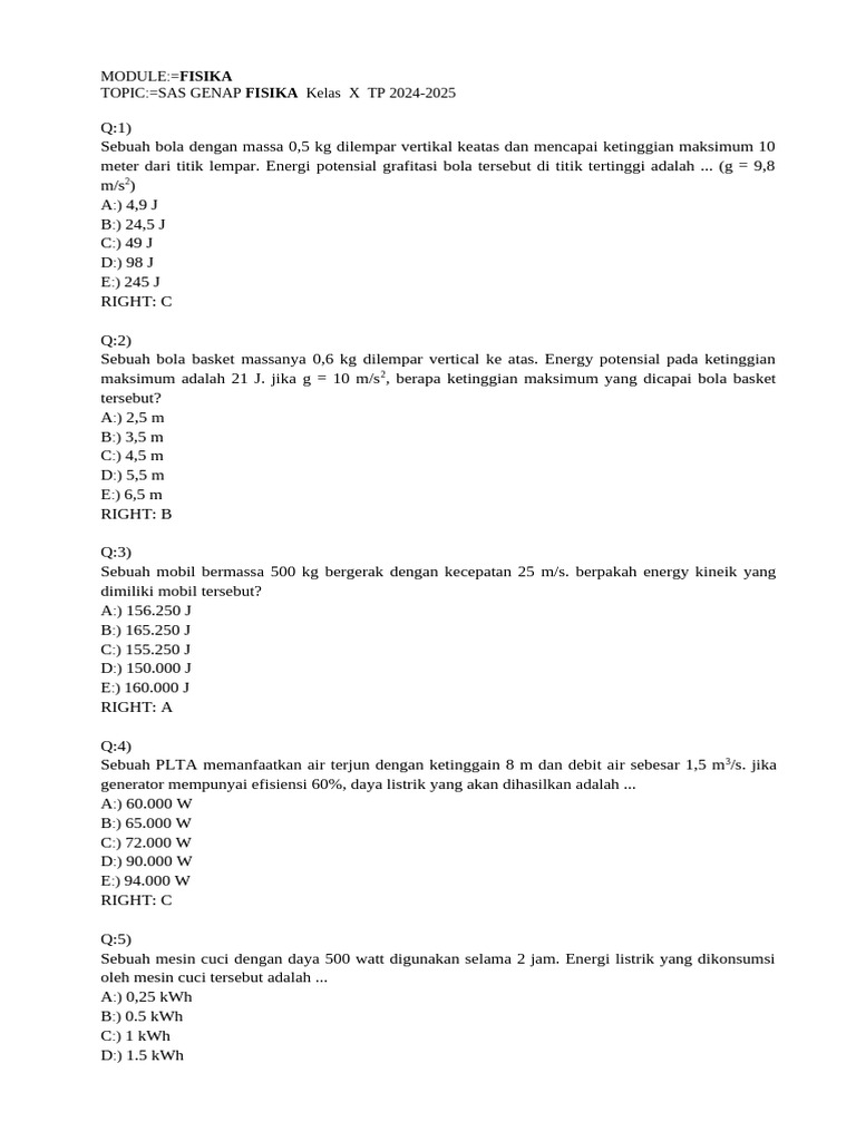 Soal Pat Fisika Kelas X 2024-2025 | PDF