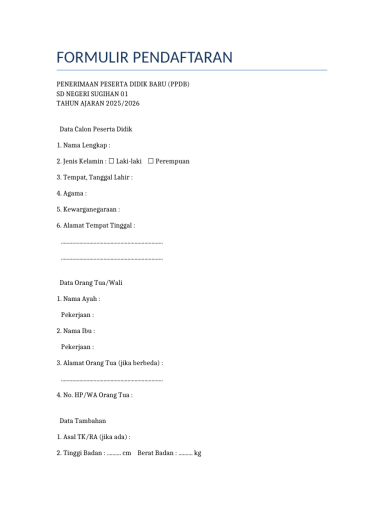 Formulir PPDB SD Negeri Sugihan 01 2025 2026 | PDF