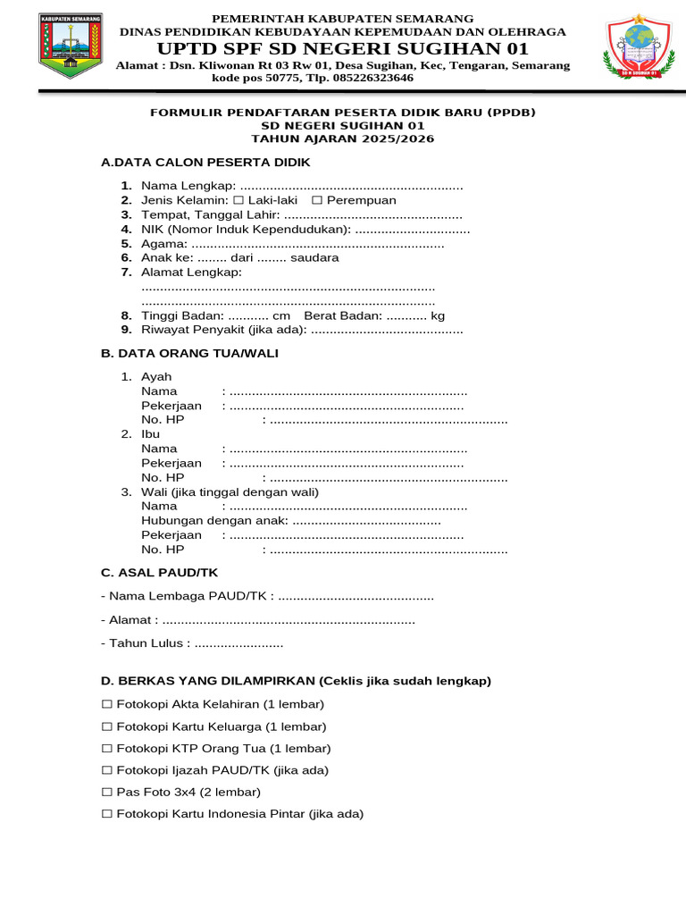 Formulir PPDB SD Negeri Sugihan 01 TA 2025 2026 | PDF