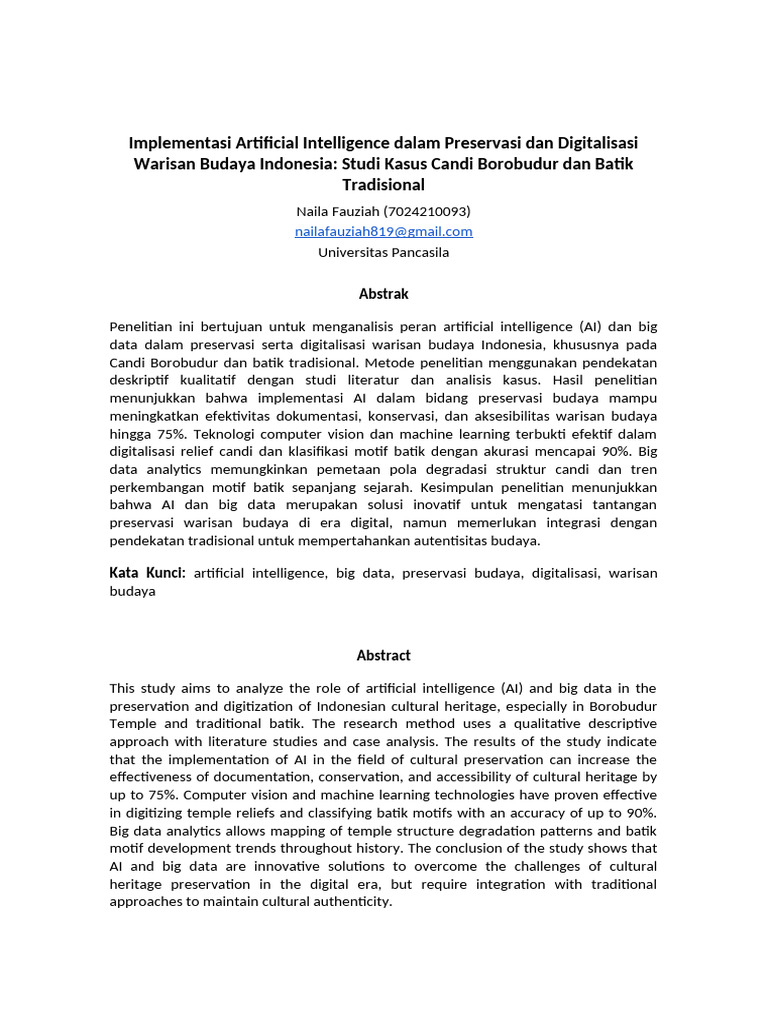 Implementasi Artificial Intelligence Dalam Preservasi Dan Digitalisasi Warisan Budaya Indonesia ...