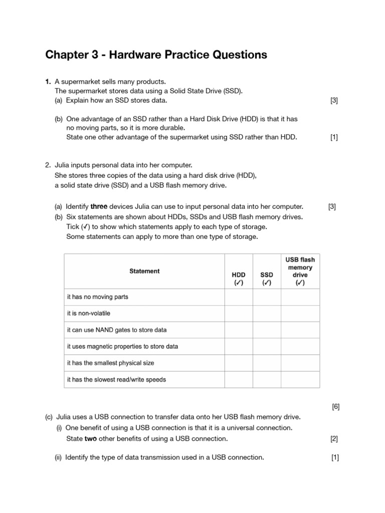 Computer Science Chapter 3 - Hardware Practice Questions | PDF | Computer Data Storage | Solid ...