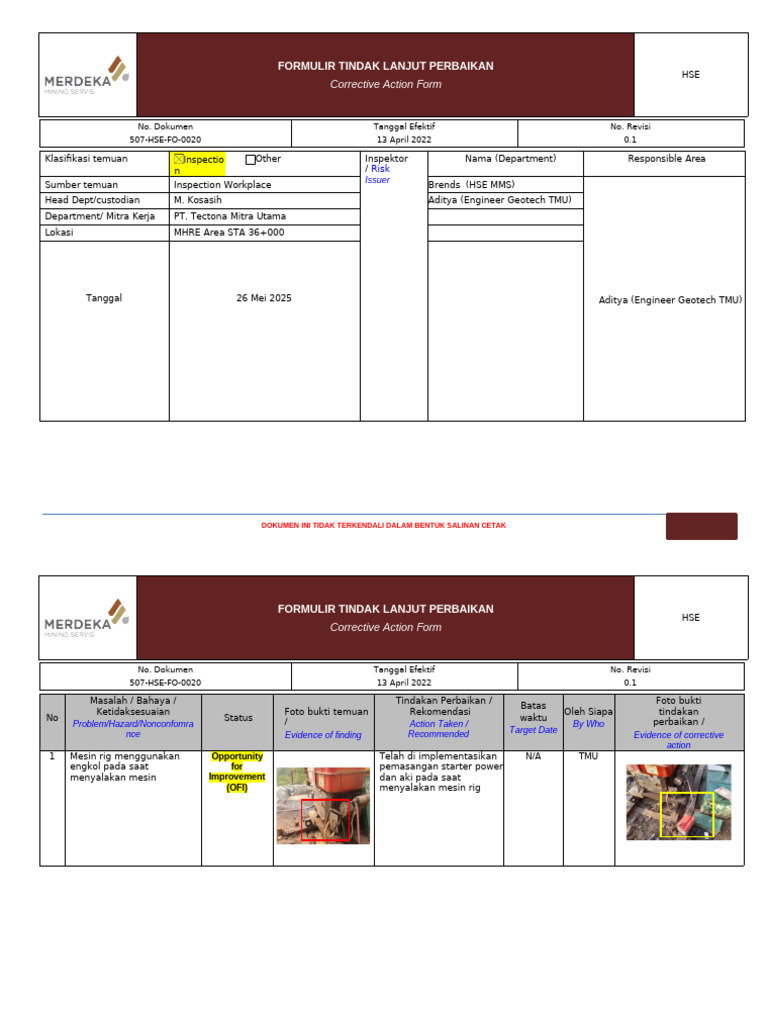 Closing Finding _TMU_Inspection Workplace _MHRE STA 24+200 | PDF