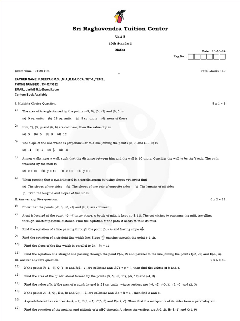 10th Maths EM Unit 5 Model Question Paper English Medium PDF Download | PDF