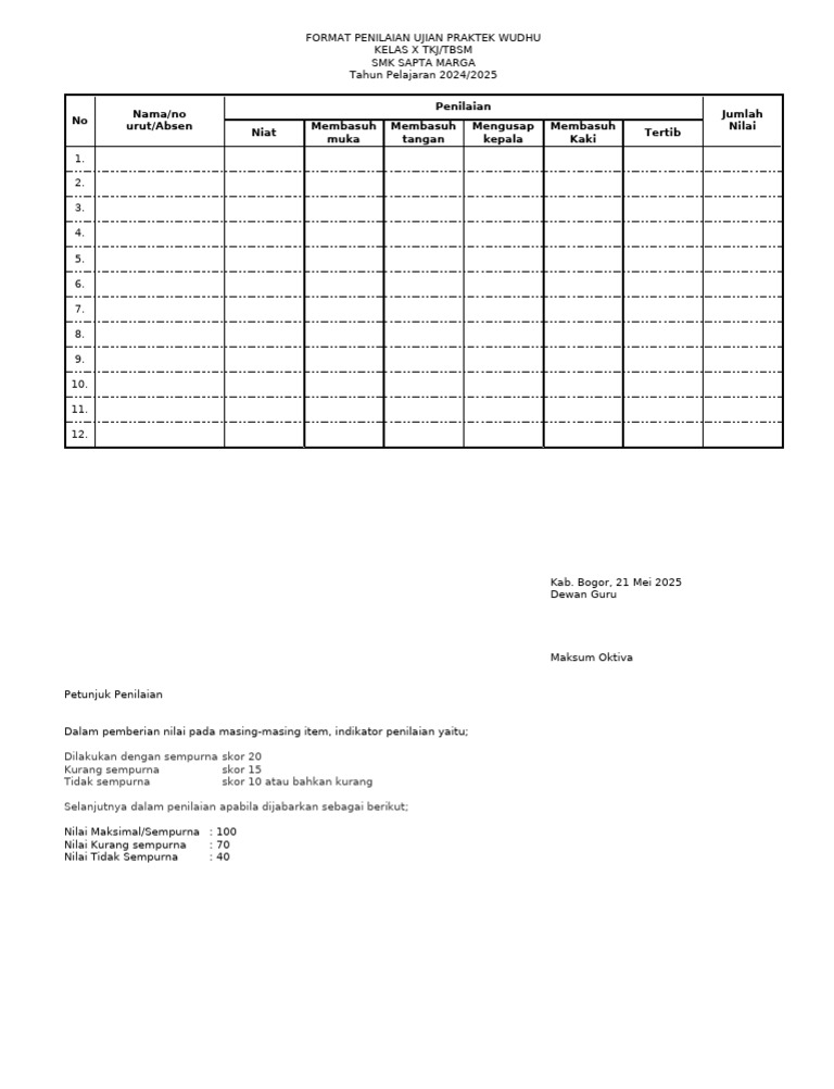 Format Nilai Praktek Wudhu Kelas X | PDF