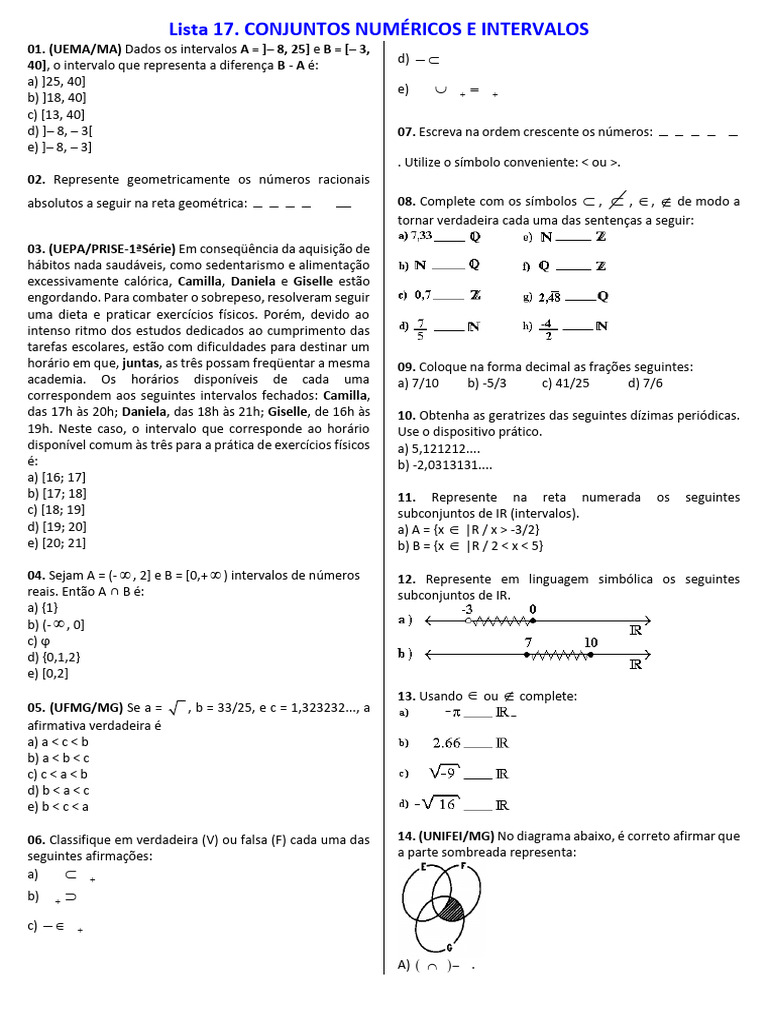 Lista 17 - Conjuntos Numéricos e Intervalos | PDF | Decimal | Número ...