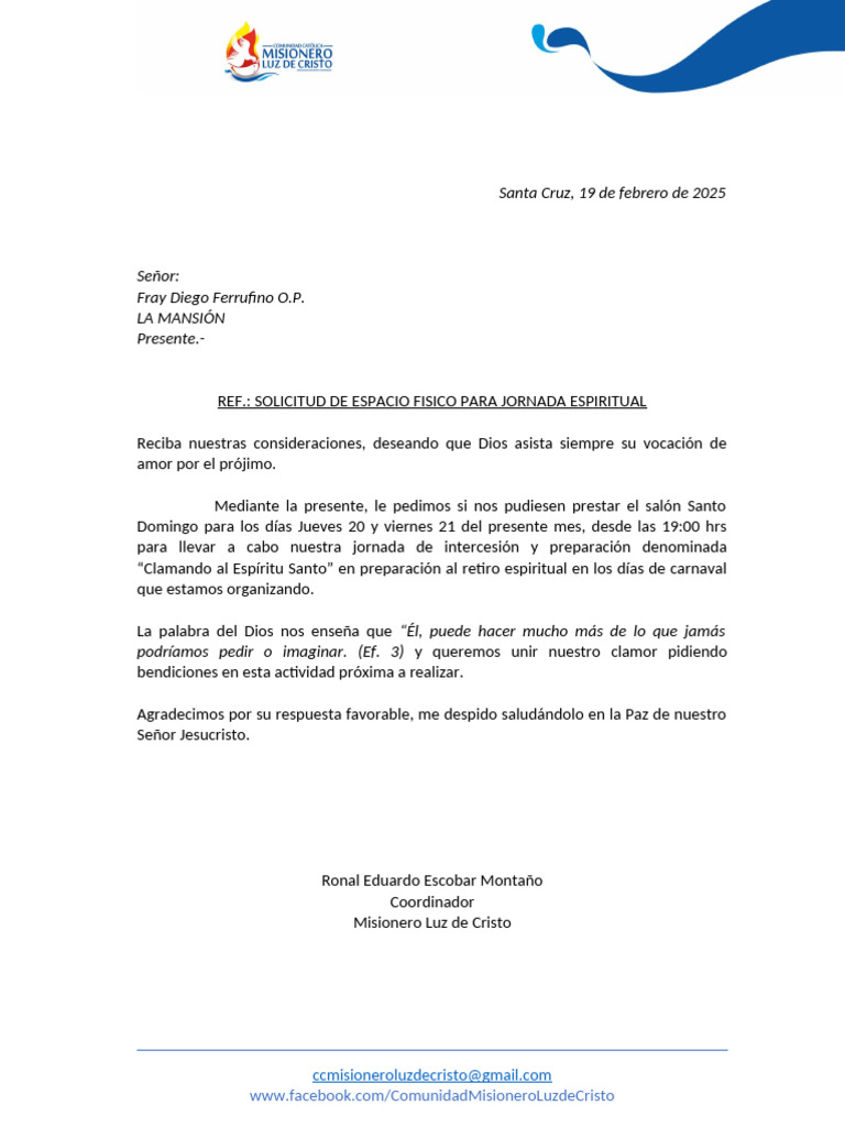 Carta de Solicitud de Espacio La Mansion | PDF | Oración | Orden dominicana