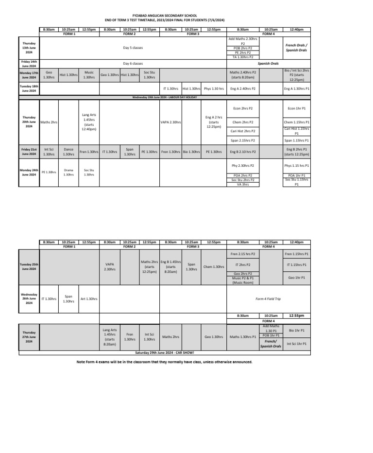 End of Term 3 Test Timetable 2024 | PDF