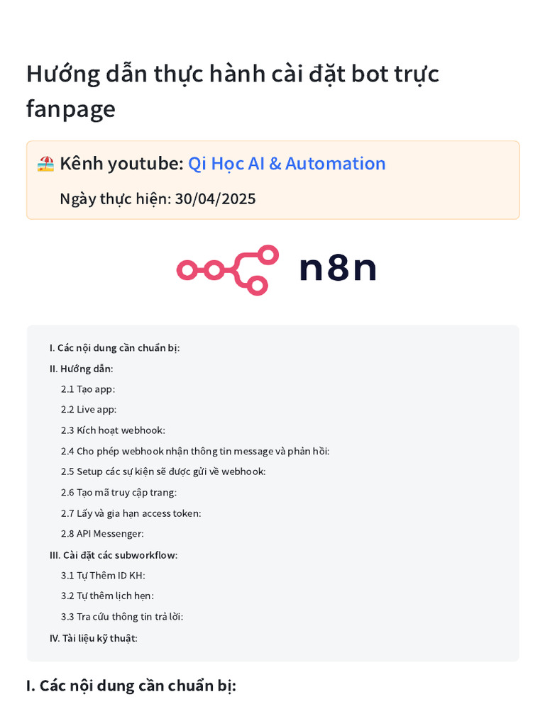 HD Setup Chatbot Fanpage Với n8n - Qi Học AI & Automation | PDF
