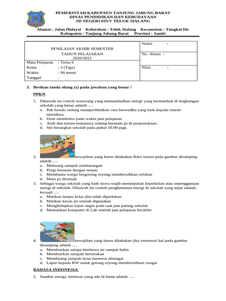 Soal Pas Kelas 3 Tema 6 | PDF