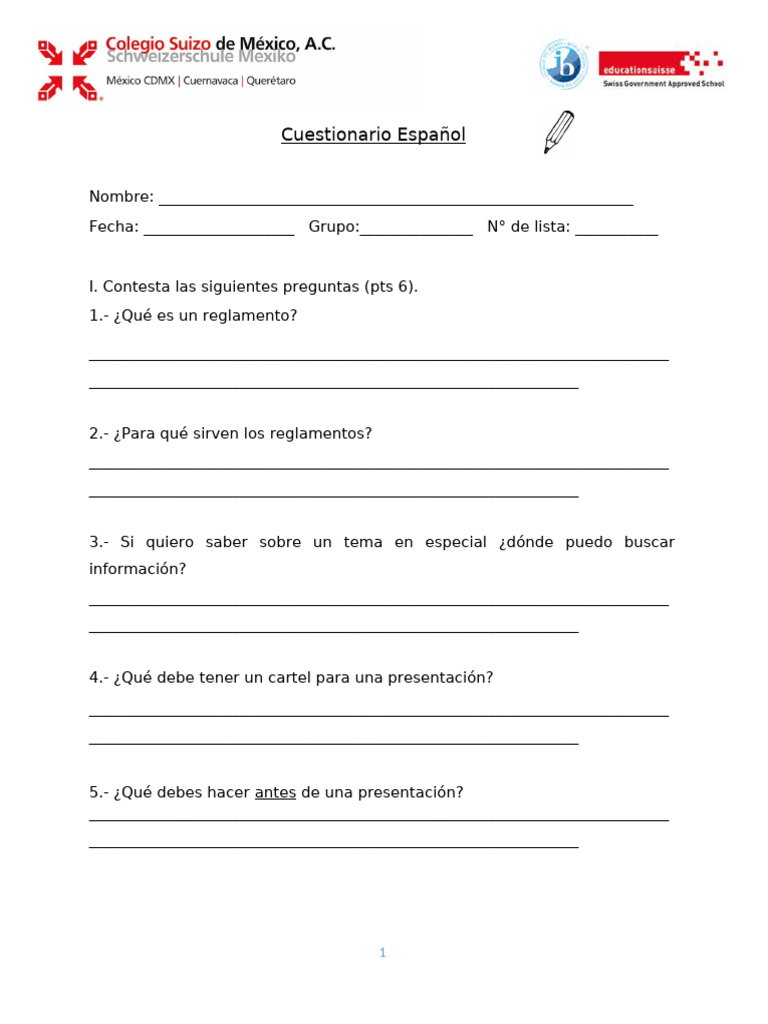 Cuestionario Español 1 | PDF
