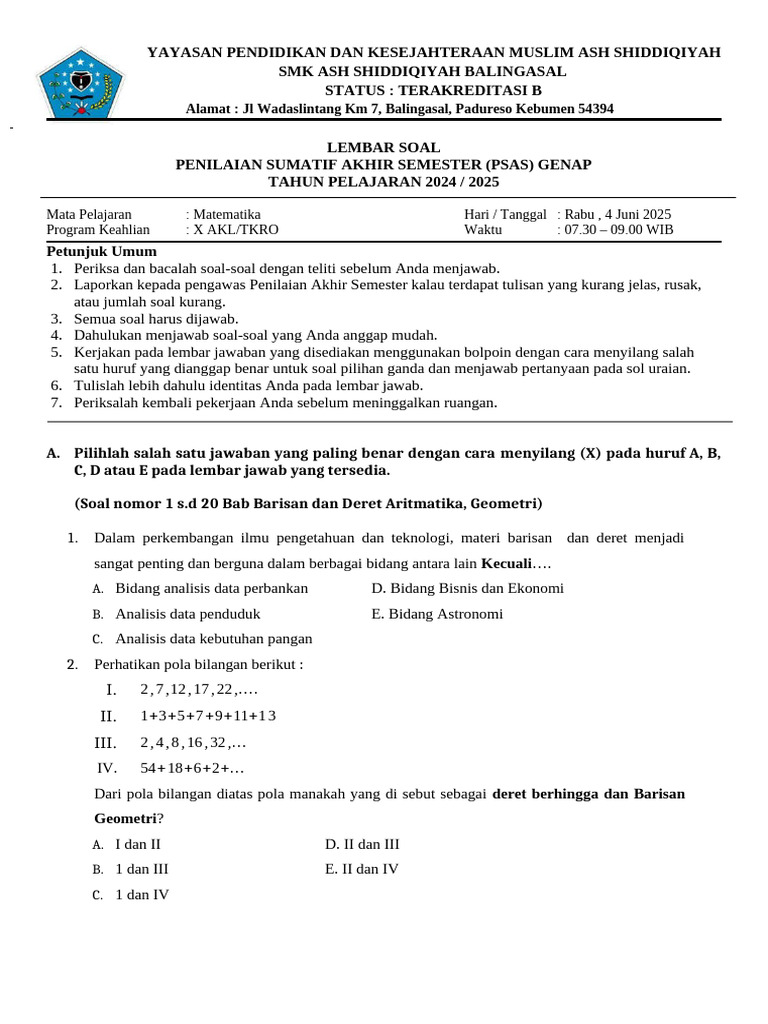 SOAL PAS Genap 2025 Matematika Kelas X | PDF