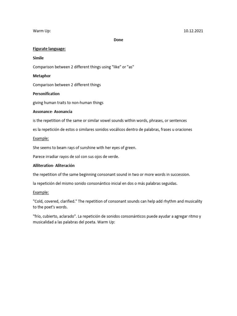 Warm Up. Figurate Lenguage 10.12.2021 | PDF