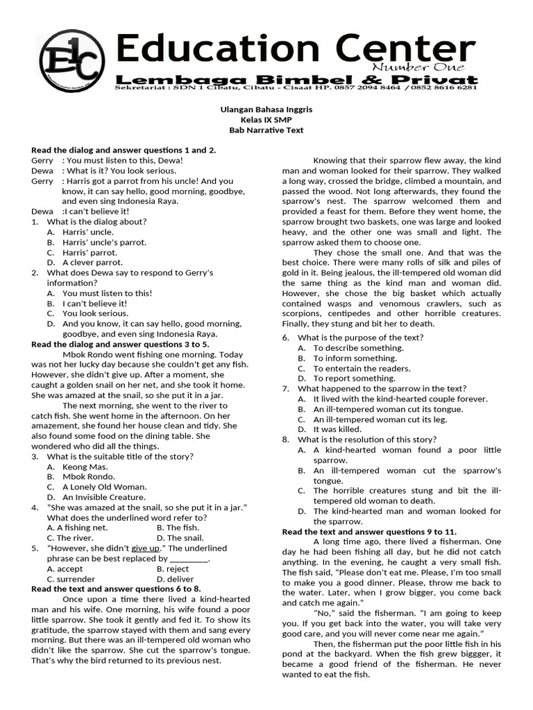 Narrative Text Exercises for IX Grade | PDF