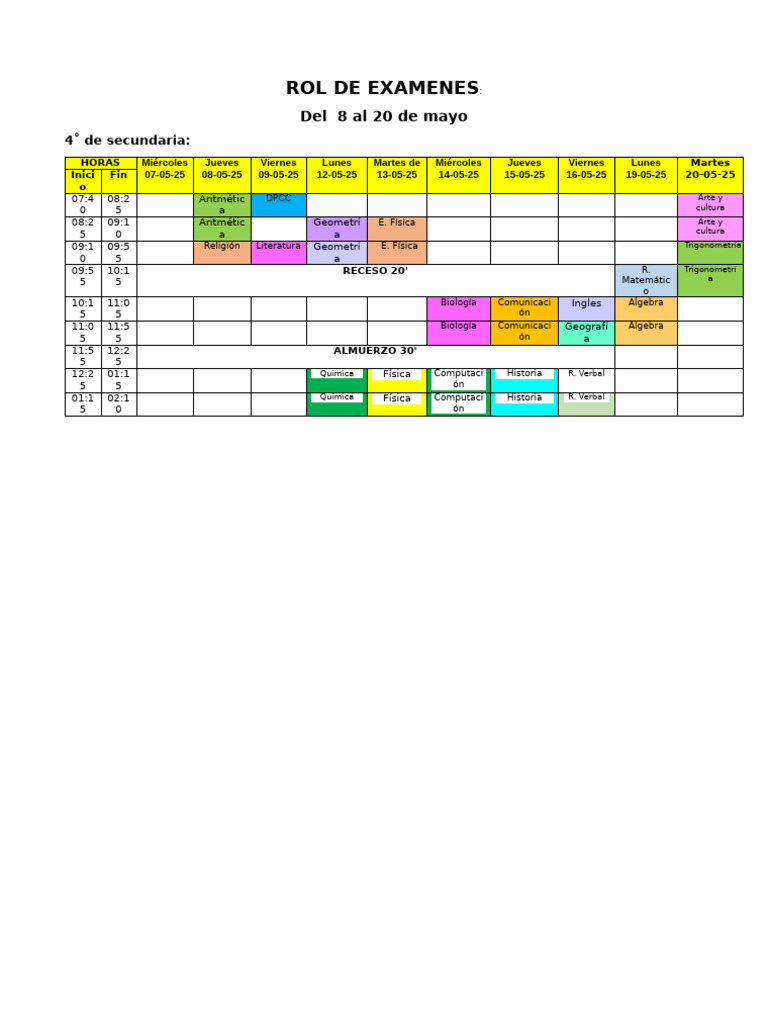 Rol de Examenes I Bimestre 4to Secundaria | PDF